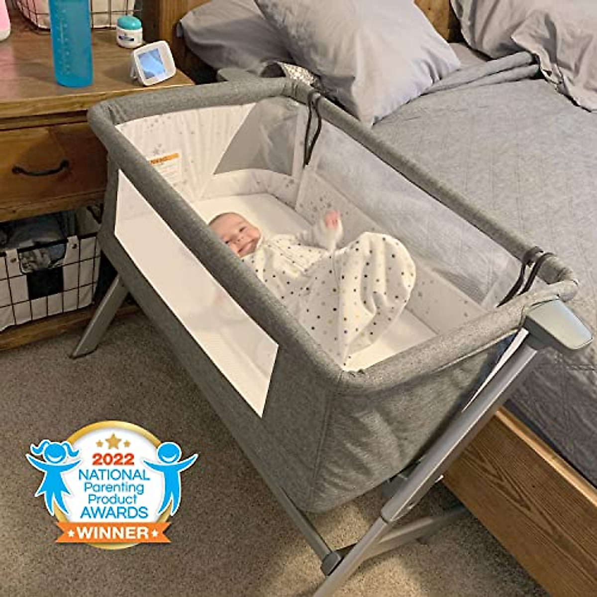 Dream On Me Skylar Bassinet and Bedside Sleeper in Grey, Lightweight and Portable Baby Bassinet, Five Position Adjustable Height, Easy to Fold and Carry Travel Bassinet, JPMA Certified