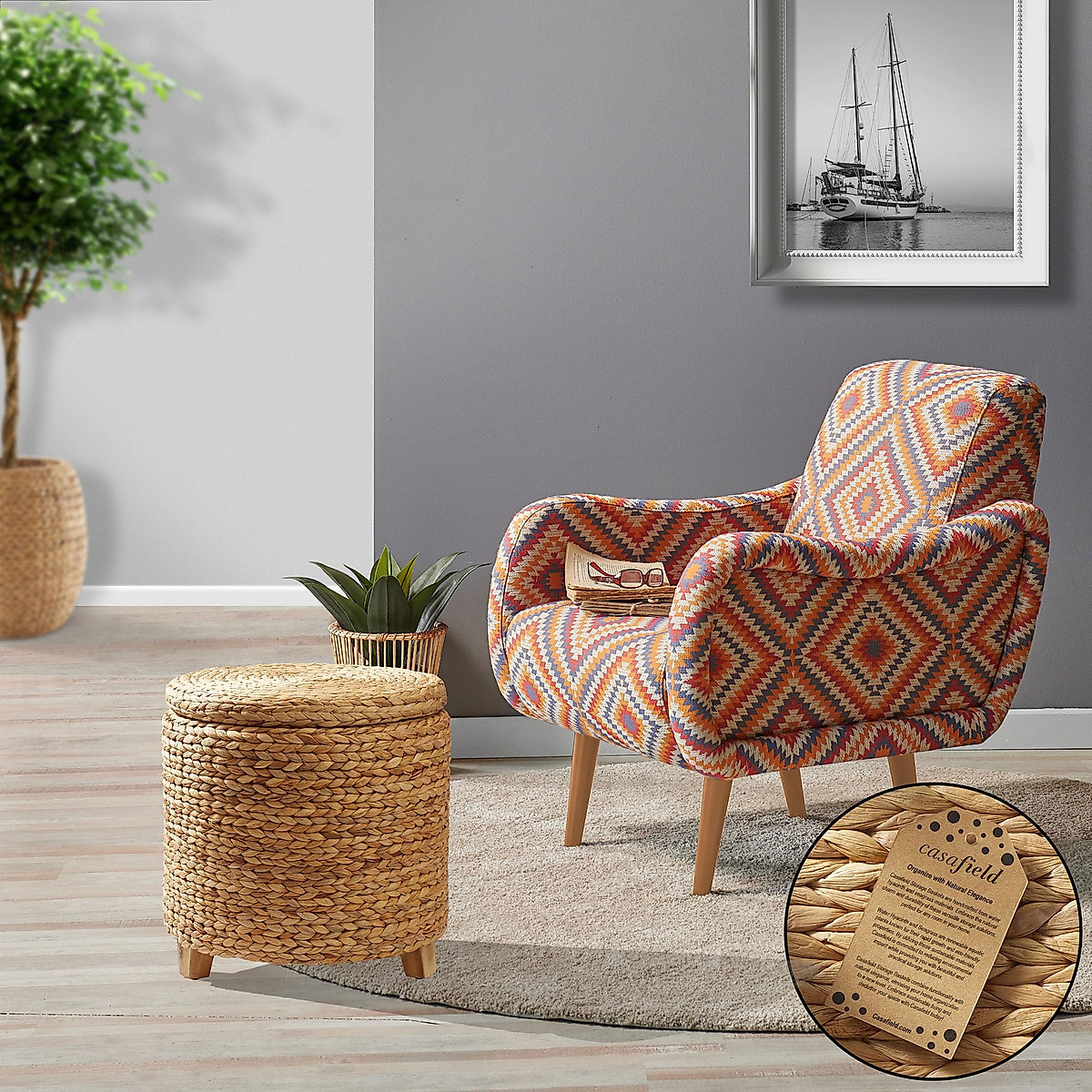 Casafield 17" Round Storage Ottoman with Lid - Natural, Handwoven Water Hyacinth Footstool for Living Room, Bedroom, Bathroom, Home Office