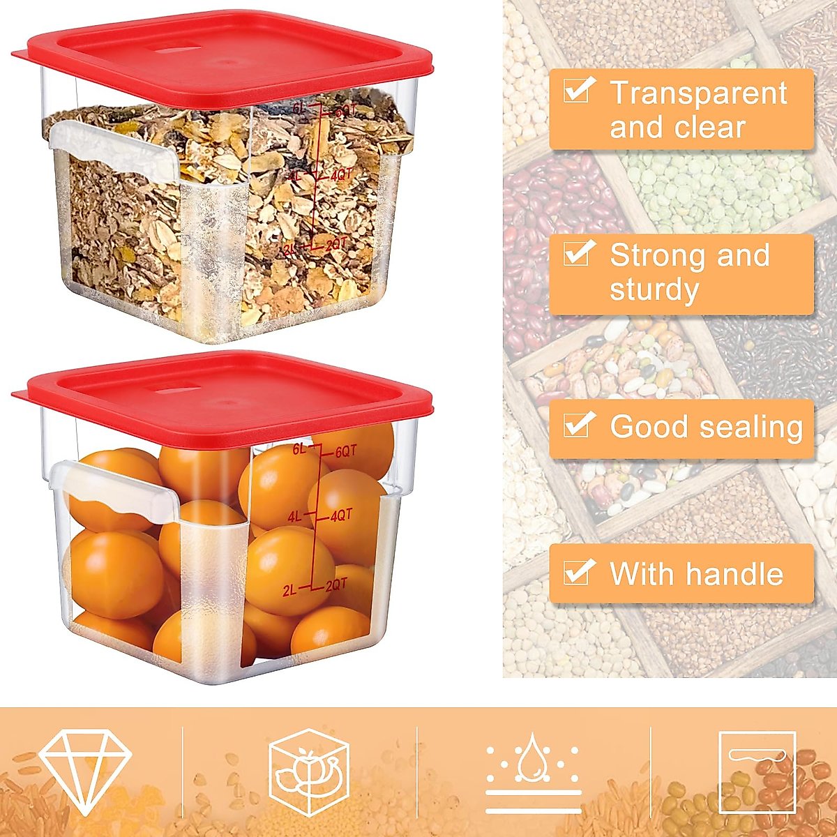 Ziliny 10 Sets 6 Qt Square Food Storage Containers with Lids Commercial Polycarbonate Containers with Scale Clear Airtight Cereal Storage Containers for Pantry Home Restaurant
