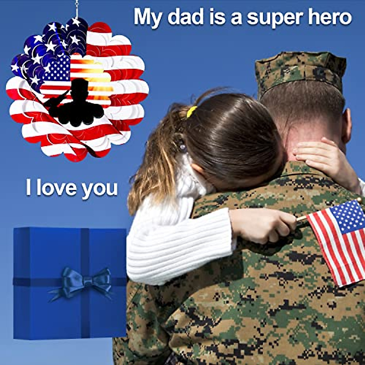 Metal Wind Spinners - 3D Patriotic Wind Spinner for Yard and Garden Kinetic Wind Sculpture American Flag Spinner Hanging Decor 12in Wind Catchers & Spinners Outdoor Art Ornaments Gifts