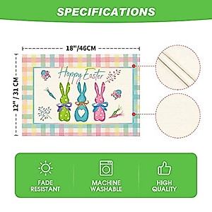 Artoid Mode Green Blue Pink Buffalo Plaid Bunny Happy Easter Placemats Set of 4, 12x18 Inch Seasonal Holiday Table Mats for Party Kitchen Dining Decoration