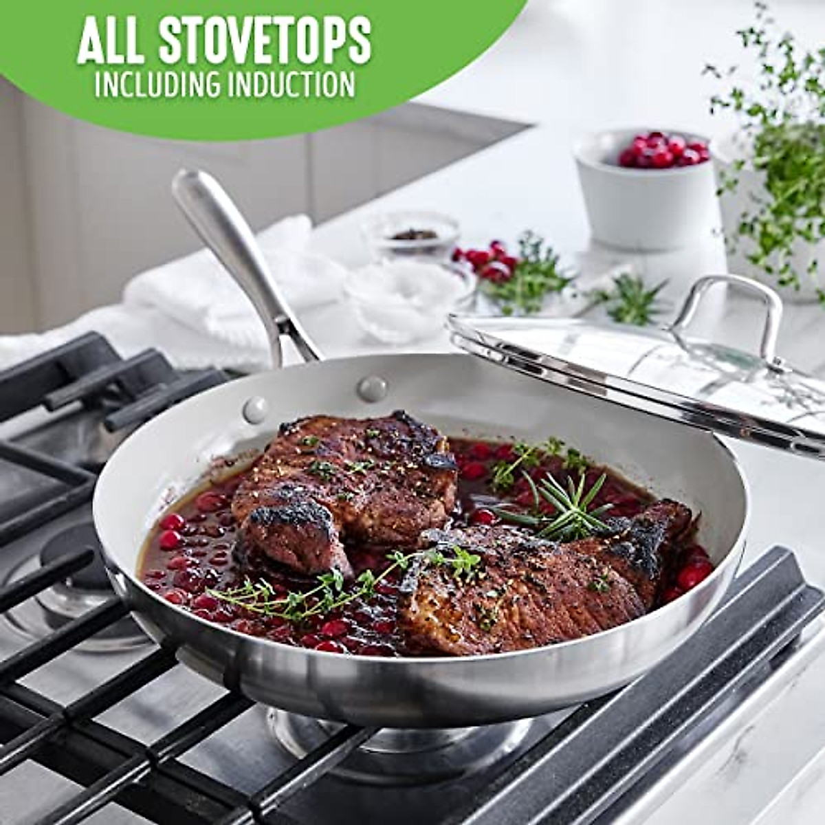 GreenLife Tri-Ply Stainless Steel Healthy Ceramic Nonstick, 12" Frying Pan Skillet with Lid, PFAS-Free, Multi Clad, Induction, Dishwasher Safe, Oven Safe, Silver