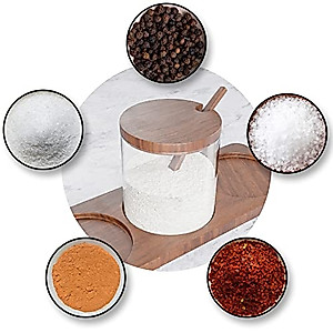 Essos Square Glass and Wood Condiment 3 pc Jars Set with spoon Tray Sugar Food Storage Containers with Wood Lids and Wooden Spoon for Coffee Spice Storage Container
