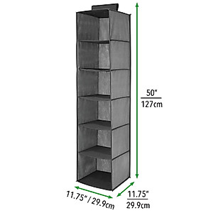 mDesign Long Soft Fabric Over Closet Rod Hanging Storage Organizer with 6 Shelves for Clothes, Leggings, Lingerie, T Shirts - Textured Print with Solid Trim - 2 Pack - Charcoal Gray/Black