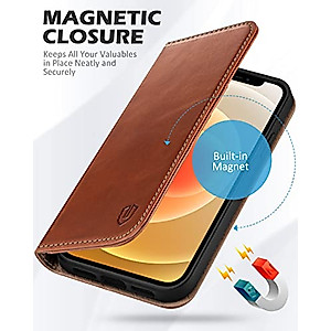 SHIELDON Wallet Case for iPhone 12 5G, Genuine Leather Folio Case Magnetic Shock Absorbing Case RFID Blocking Credit Card Holder Kickstand Compatible with iPhone 12/12 Pro 6.1" - Retro Brown