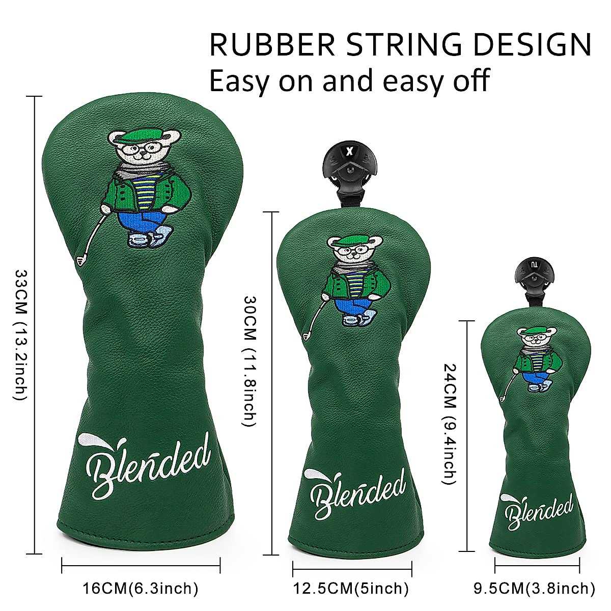 Lovely Bear Golf Driver Cover Fairway Wood Cover, Hybrid Covers Headcovers Set, Green Leather Golf Club Covers for Driver and Woods for Men/Women Golfer