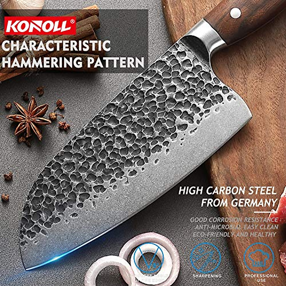 KONOLL Meat Cleaver 7 inch Forged Hammered Kitchen Knife German High Carbon Steel Chinese Knife with solid wood Handle，Butcher knives Vegetable Cutting Knife