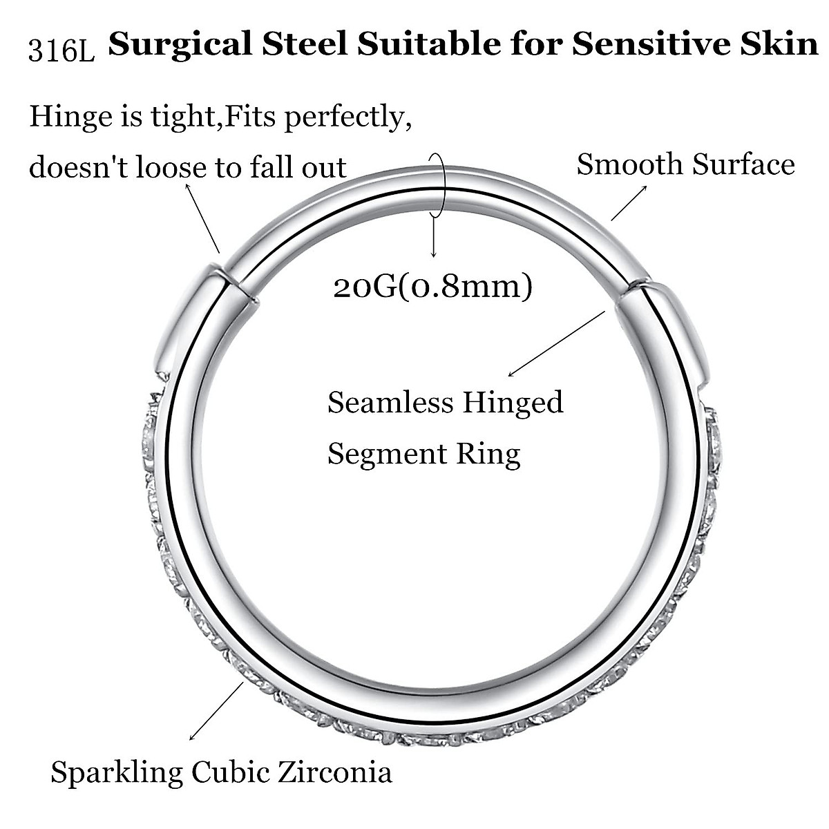 L7L7WM CZ Hinged Segment Nose Rings Hoop 316L Surgical Steel Cubic Zirconia Conch Daith Helix Tragus Body Piercing Jewelry Lip Rings Cartilage Earrings 20G 18G 16G Stainless Steel Septum Clicker Ring,