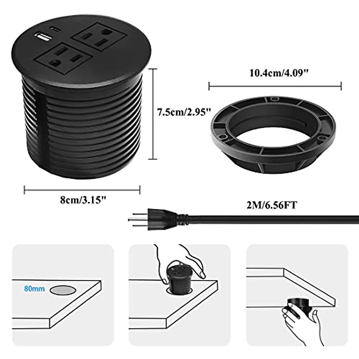 Desk Power Grommet, Haylink Desk Hole Grommet with USB-C, 3.15 Inch(80mm) 2 Plugs Recessed Power Outlet Connect 6.56ft Extension Cord, Black
