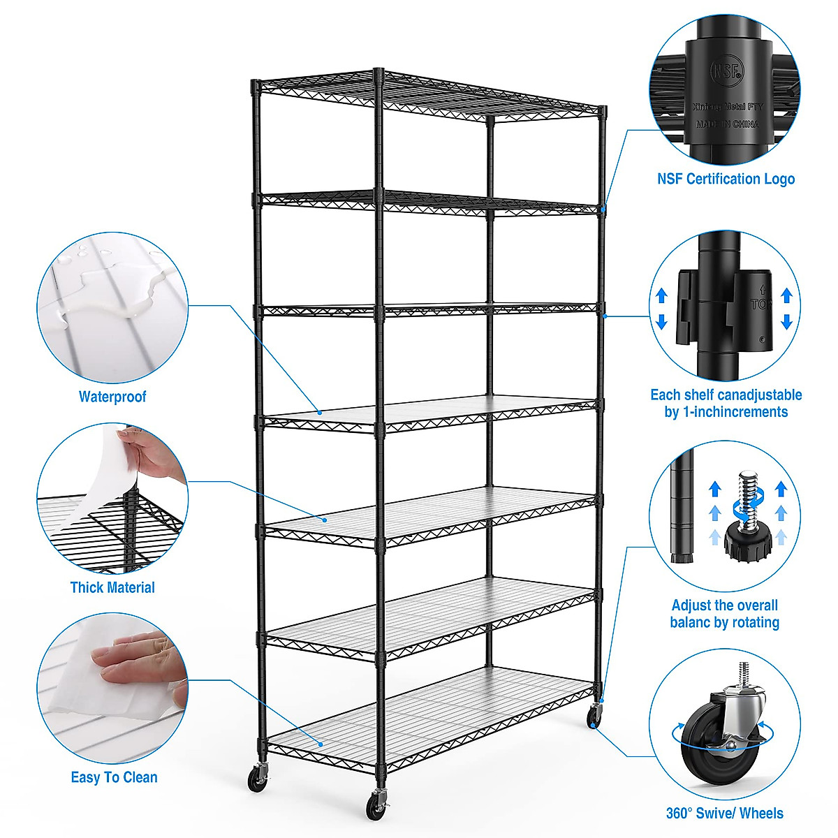 pouseayar NSF Heavy-Duty 7-Tier Metal Shelving Unit - 2450 lbs Capacity, Adjustable, with Wheels/Leveling feet & Waterproof Shelf Liners - Ideal for Garage, Kitchen, and More - Black
