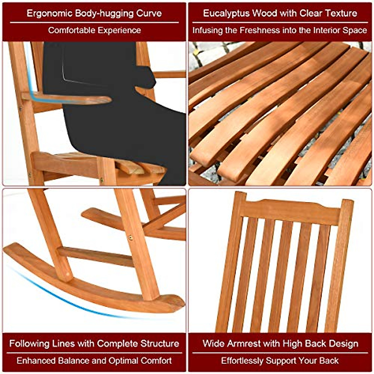 Giantex Set of 2 Porch Rocking Chair Outdoor and Indoor Use, Solid Eucalyptus Wood Rocker with Natural Finish, Front Porch Chairs for Patio Deck Garden, Wooden Rocking Adirondack Chair Set