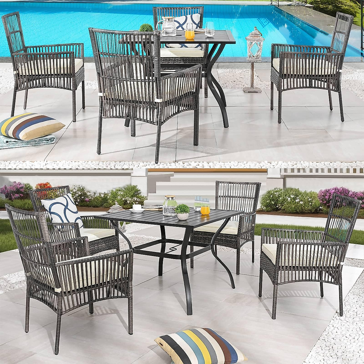 PatioFestival Patio Dining Set 5 Pieces Outdoor Furniture Sets Outside Metal Square Table Wicker Chairs with Galvanized Steel Frame Beige Cushion
