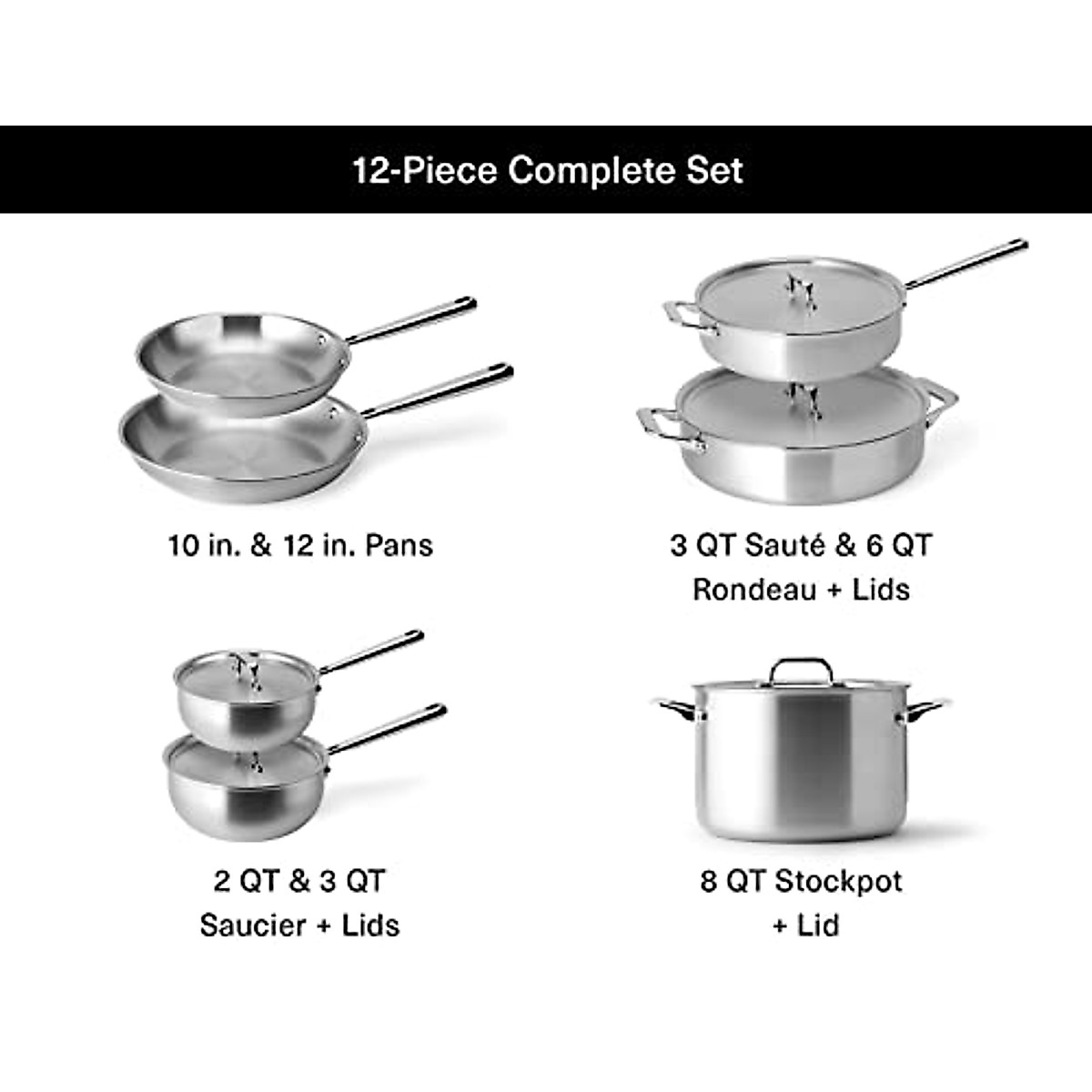Misen Stainless Steel Pots and Pans Set - Stainless Steel Cookware Set - 12 Piece Complete Kitchen Cookware Sets