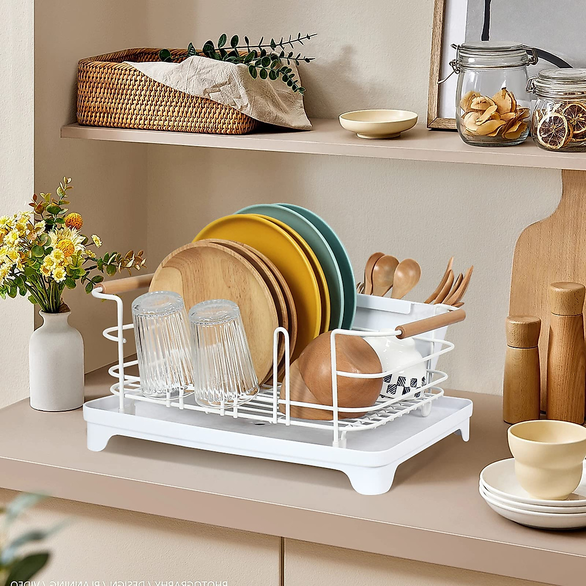 BRIAN & DANY Dish Drying Rack, Dish Racks for Kitchen Counter, Stainless Steel Dish Drainer with Cutlery Holder & Drainboard, 15.5"x 11.8"x 8.58", White
