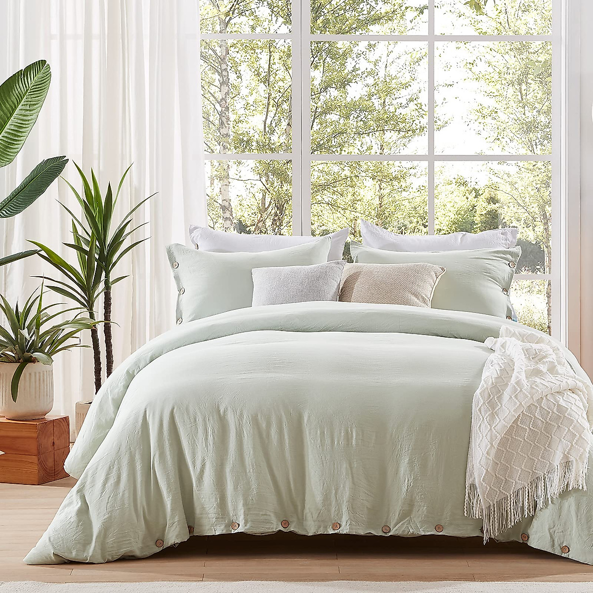 NexHome Sage Green Duvet Cover Sets Queen Size 3 Piece Double Brushed Microfiber Queen Duvet Cover with Button Closure & Corner Tie 1 Breathable and Soft Duvet Cover 90x90 inches + 2 Pillow Shams