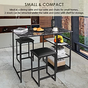 AOOU 3-Piece Dining Table Set, High Industrial Bar Dining Table with PU Padded Stools, Space Saving w/Storage Shelves, Tall Counter Height Bar Table Set, for Living Room/Kitchen/Restaurant