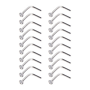 20 Pieces Curved Nose Stud Stainless Steel Nose Ring Crystals L Bend Nose Screw Piercing Jewelry, 20 Gauge