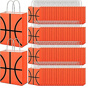 Zubebe 100 Pieces Basketball Party Favor Bags Paper Gift Bags Basketball Goody Treat Candy Bags with Handle for Kids Boys Girls Basketball Theme Party Favors Sport Decorations Supplies