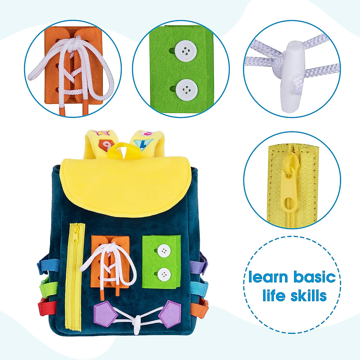 Busy Board - Toddler Backpack with Buckles and Learning Activity Toys - Develop Fine Motor Skills and Basic Life Skills - Learn to Tie Shoes - Children's Travel Toy