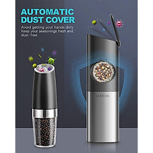 Ultrean Gravity Electric Salt and Pepper Grinder Set - USB Rechargeable With Dual Charging Base - Adjustable Fineness - One Handed Operation, Stainless Steel Construction, Auto Dust Lids, LED Light