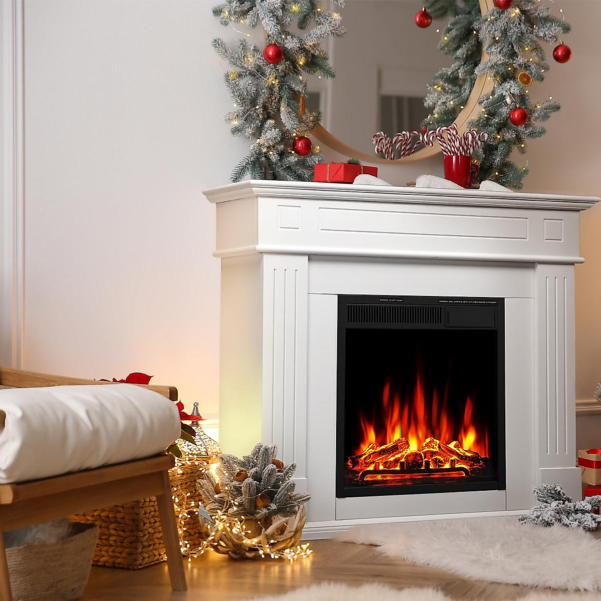 Havato 43" Electric Fireplace with Mantel, Wooden White Fireplace Mantel with Remote Control, Freestanding Fireplace, Handmade Paint Finish Fireplace Mantel, 7Level Adjustable Led 3DFrame, 750W/1500W