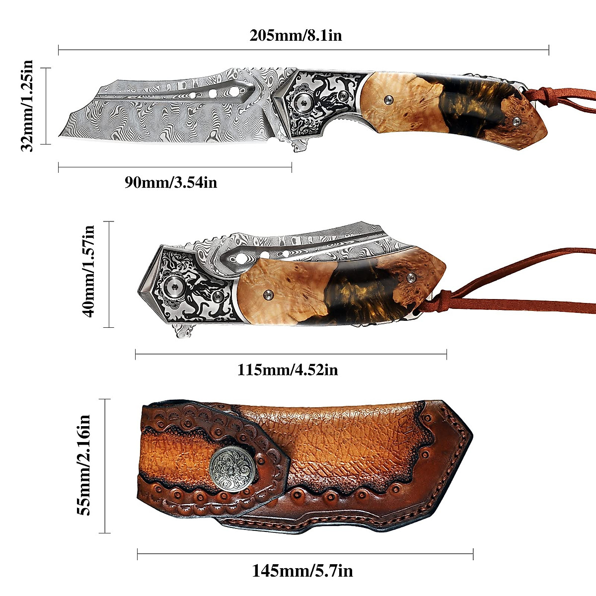 Minowe Japan Handmade Damascus steel steel Folding Pocket Knife，3.5 in High hardness blade，Frame Lock，With Leather Sheath，resin and Maple handle，Mountaineering go fishing hunting Adventure Knifee