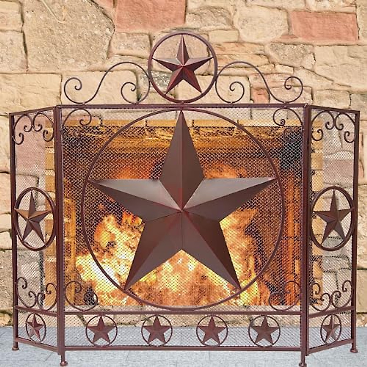 BestGiftEver 3-Panel Fireplace Screen Decorative with Rustic Brown Star Detail - Stand Alone Fireplace Cover Metal Mesh Screen - Home Decor for Cabin, Lodge, and Rustic Country Style Firescreen