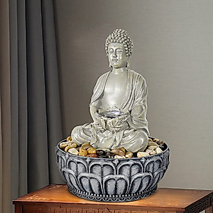 BBabe 11.4inches Sitting Buddha Fountain, Led Indoor Waterfall Fountain Fengshui Meditation Relaxing Decor for Home Office