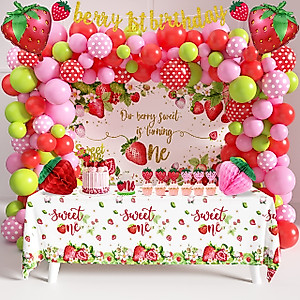 Strawberry First Birthday Party Decoration Pack for Girls Sweet One Shortcake Party Supplies 84 Pcs (Backdrop, Tablecloth, Banner, Crown, Cupcake Toppers, Honeycomb Decor, Balloons) (Sweet One)