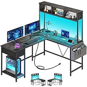 Yoobure L Shaped Desk Gaming Desk with LED Strip & Power Outlet, Reversible L-Shaped Computer Desk with Storage Shelf & Drawer, Corner Desk with Storage Bag, 2 Person Home Office Desk, Gray
