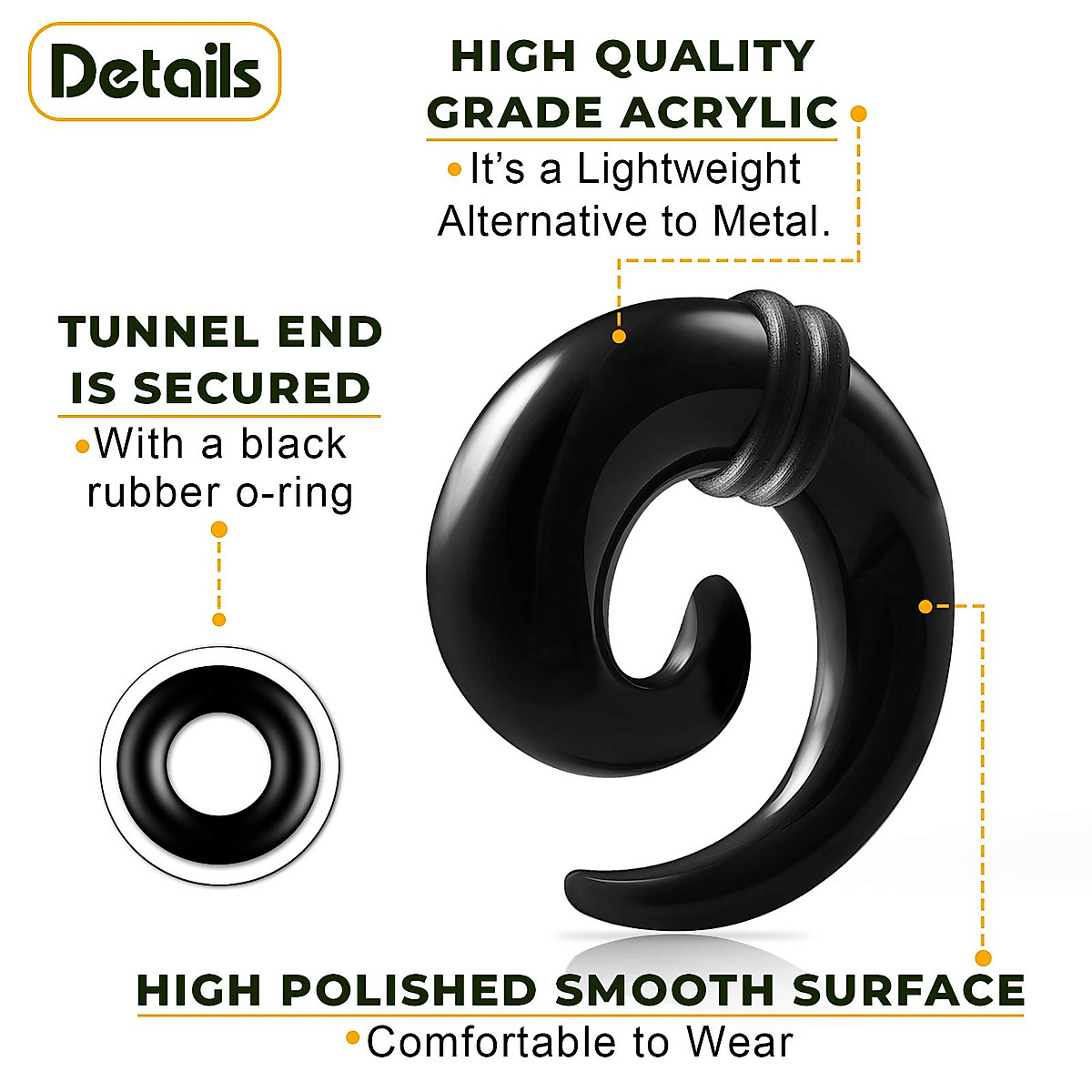 BIG GAUGES Pair of Black Acrylic Solid Spiral Coil Taper O-rings Piercing Jewelry Ear Plug Stretching Expander Earring (A002.3:Acrylic, 00 g 10 mm (2pcs))