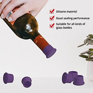 H H&J HUAJIAN Reusable Silicone Wine Bottle Stopper for Easy Removal and Secure Attachment, Set of 6 In Multiple Colours (Purple)