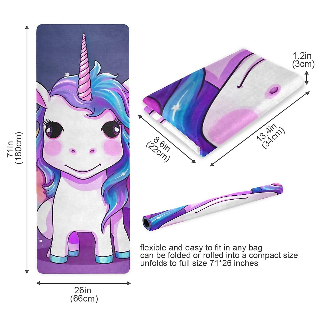 GOODOLD Cute Unicorn Yoga Mat, 71 x 26 Inch Non-slip Yoga Mats Folding Travel Exercise Mat Indoor Outdoor Gym Pilates with Storage Bag for Women Men