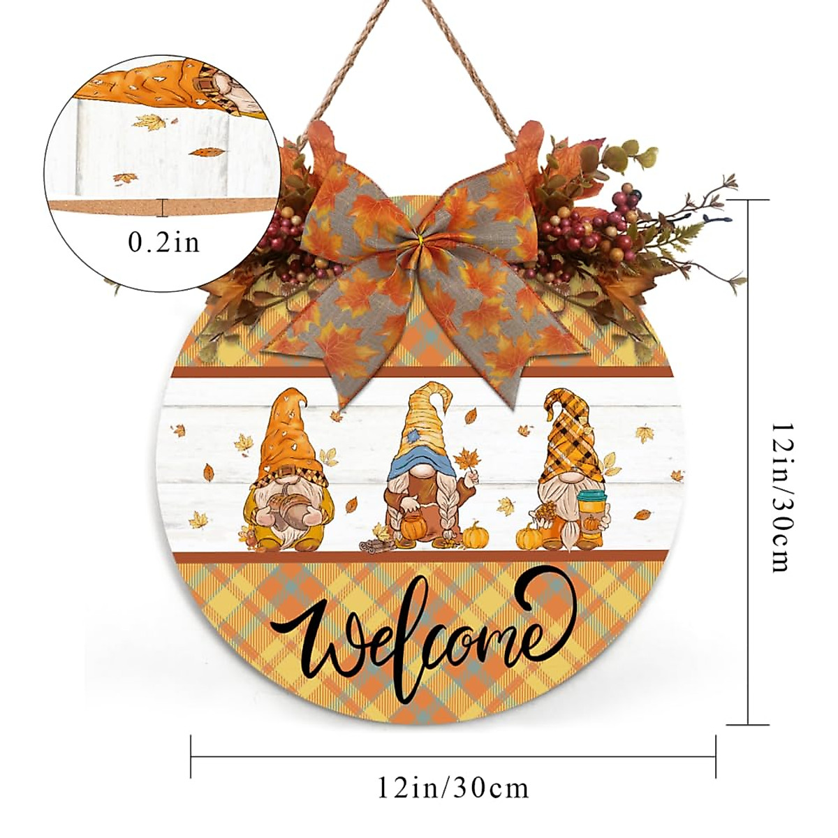 Thanksgiving Door Sign Wreath Welcome Fall Door Sign 12in Wooden Autumn Sign with Bowknot Fall Gnomes Decoration for Home Front Door Porch Thanksgiving Hanging Sign