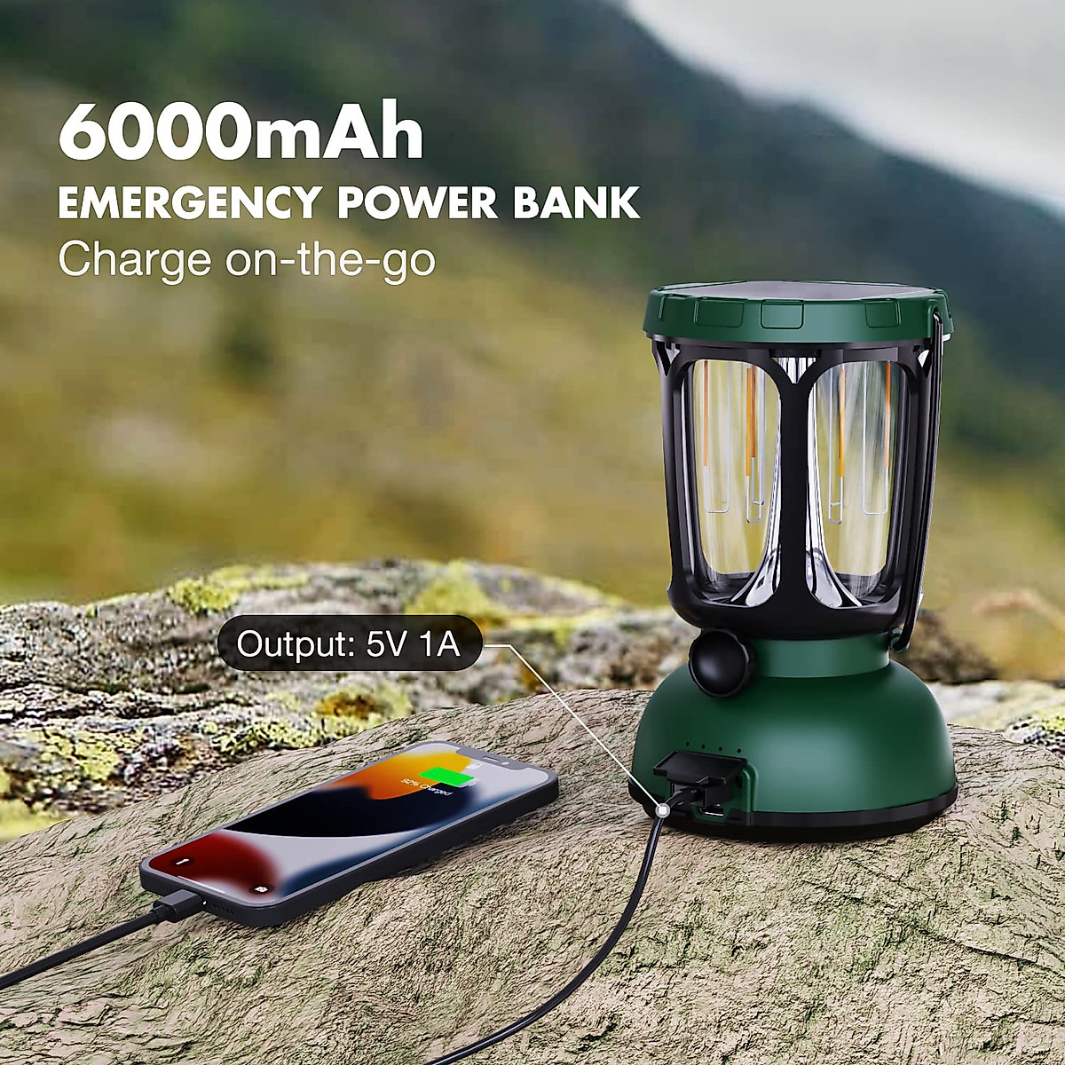 Mesqool Camping Lantern Rechargeable Battery 6000mAh, 650LM LED Lanterns for Power Outages Emergency Hurricane, Solar Hand Crank Lantern for 200 Hours