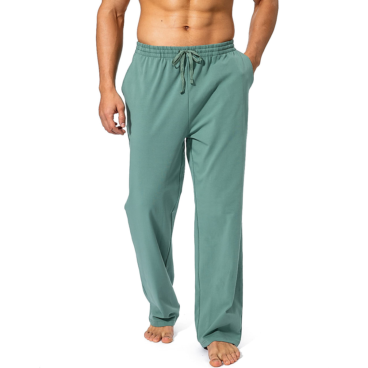 Pudolla Men's Cotton Yoga Sweatpants Athletic Lounge Pants Open Bottom Casual Jersey Pants for Men with Pockets (Green Small)