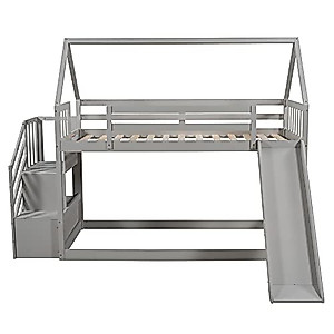 Harper & Bright Designs Low House Bunk Bed with Slide, Wood Twin Over Twin Floor Bunk Bed Frame with Storage Shelves, Roof, Full-Length Guardrail for Toddler, Kids, Boys or Girls, Grey