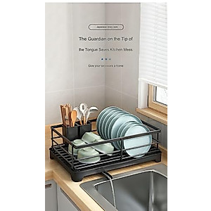 Dish Drying Rack Multifunctional Dish Rack for Kitchen Counter,Dish Rack with Drainboard, Rotatable Drain Spout, for Kitchen Counter and Sink, Cup Holder,Chopstick rest Utensil Holder,(Black)