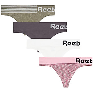 Reebok Women's Thongs - 4 Pack Performance Seamless Thongs for Women Sexy Panties - Breathable Underwear for Women (S-XL), Size X-Large, Pink Space-dye/Green/White/Charcoal