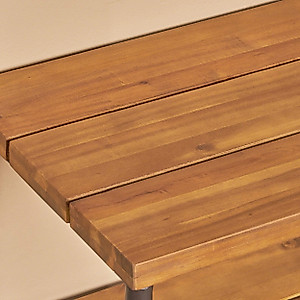 GDFStudio Outdoor Industrial Acacia Wood Bench with Shelf and Coat Hooks, Teak Finish