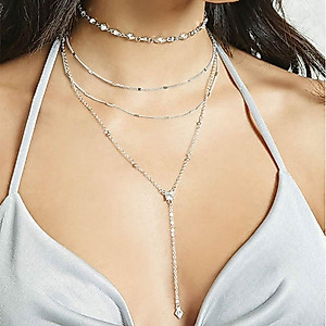 Zehope Layered Y Necklace Silver Rhinestone Necklaces Sparkly Long Elegant Necklace for Women