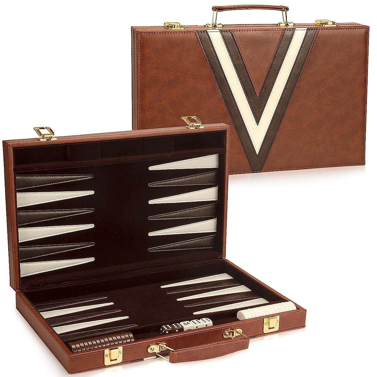 AMEROUS Backgammon Set, 15'' Folding Classic Board Game with Leather Case, Gift Package, Instruction, Portable Travel Strategy Backgammon Game Set for Adults, Kids