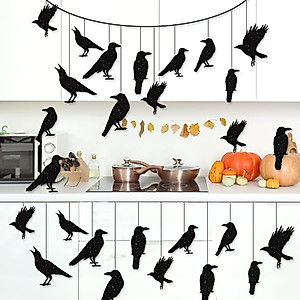 40pcs Glitter Black Crow Halloween Decorations Bird Raven Hanging Banners for Gothic Halloween Garland Backdrop Centerpiece Halloween Wall Cutouts for Horror Theme Birthday Wedding Yard Party Supplies