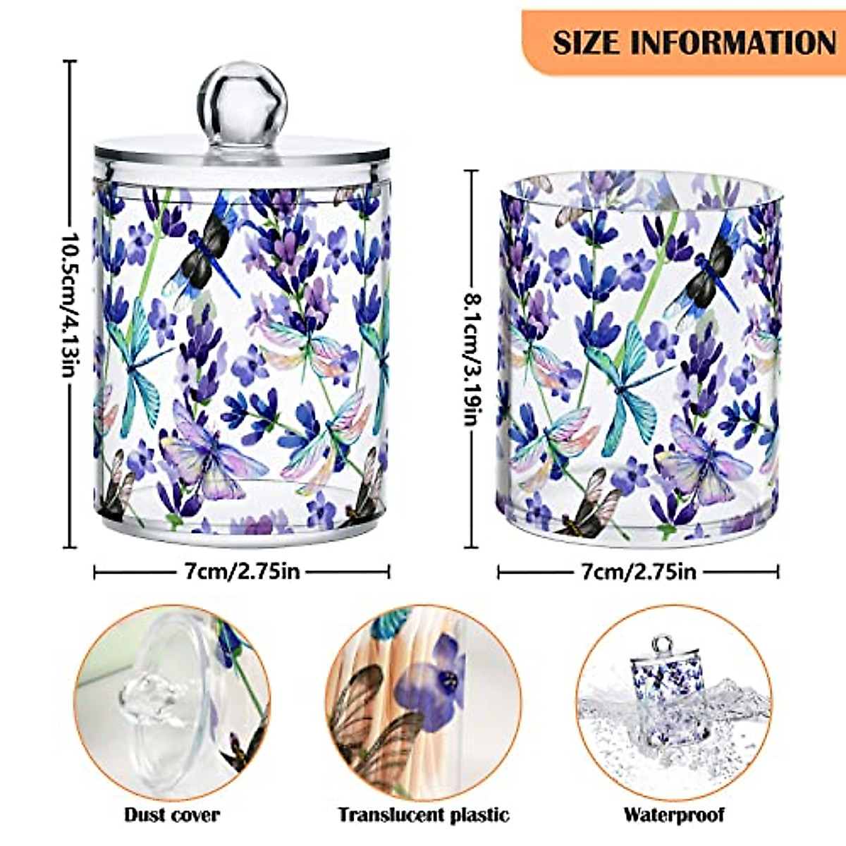 MNSRUU 2 Pack Qtip Holder Organizer Dispenser Dragonfly Lavender Bathroom Storage Canister Cotton Ball Holder Bathroom Containers for Cotton Swabs/Pads/Floss