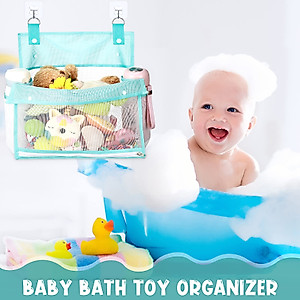 2 Pieces Baby Bathtub Toy Organizer Extra Large Opening Bath Toys Mesh Multiple Ways to Hang Bath Toy Holder Bottom Zipper Storage Bag with 4 Adhesive Hooks (Blue)