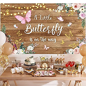 Butterfly Backdrop A Little Butterfly is On The Way Baby Shower Banner Butterfly Rustic Wood Purple and Pink Floral Photography Background for Girls Birthday Baby Shower Party Decoration Supplies
