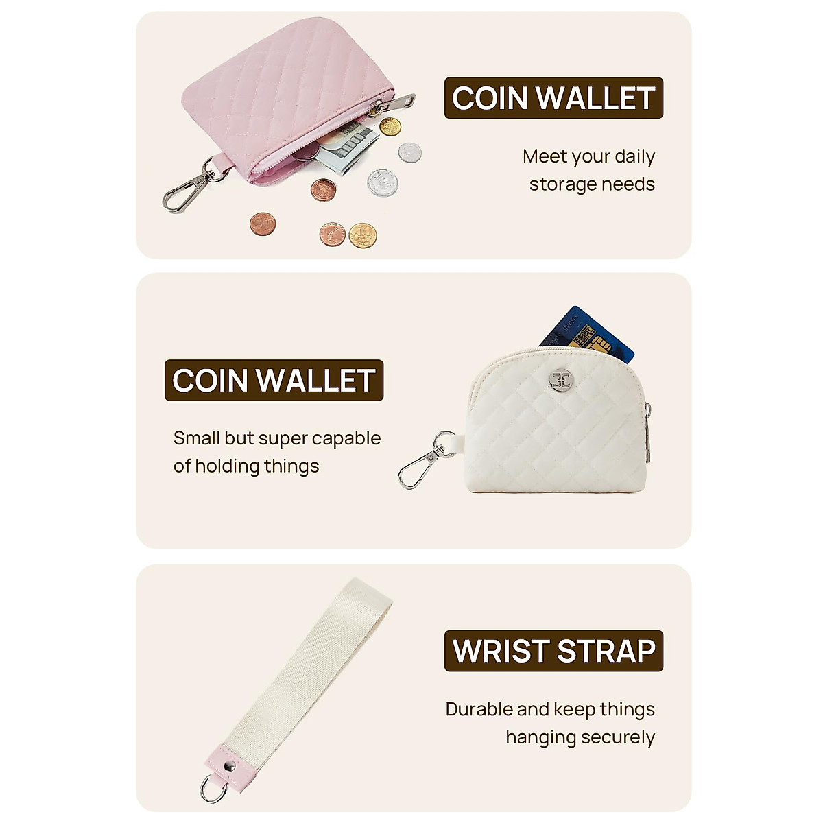 Telena Mini Zip Around Wristlet Wallets for Women Coin Purse Wristlet Keychain Dual Pouch Wallet Beige Pink