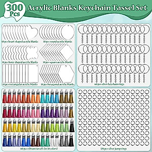 300 PCS Clear Acrylic Keychain Blanks, 6 Shapes Wholesale Acrylic Blanks Leather Tassel Charms Key Chains Jump Rings for Vinyl Resin DIY Crafts Ornament Engrave (Round Heart Square Rectangle Bone)