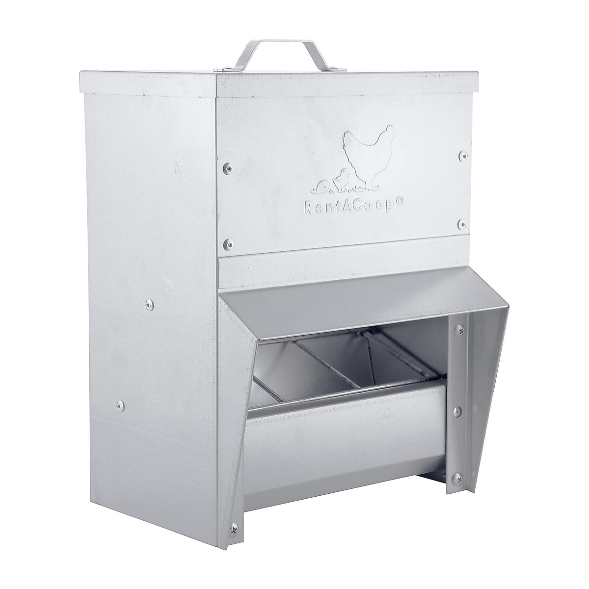 RENTACOOP Galvanized Chicken Trough Feeder, Weatherproof Poultry Food Dispenser with Lid,10LB Capacity