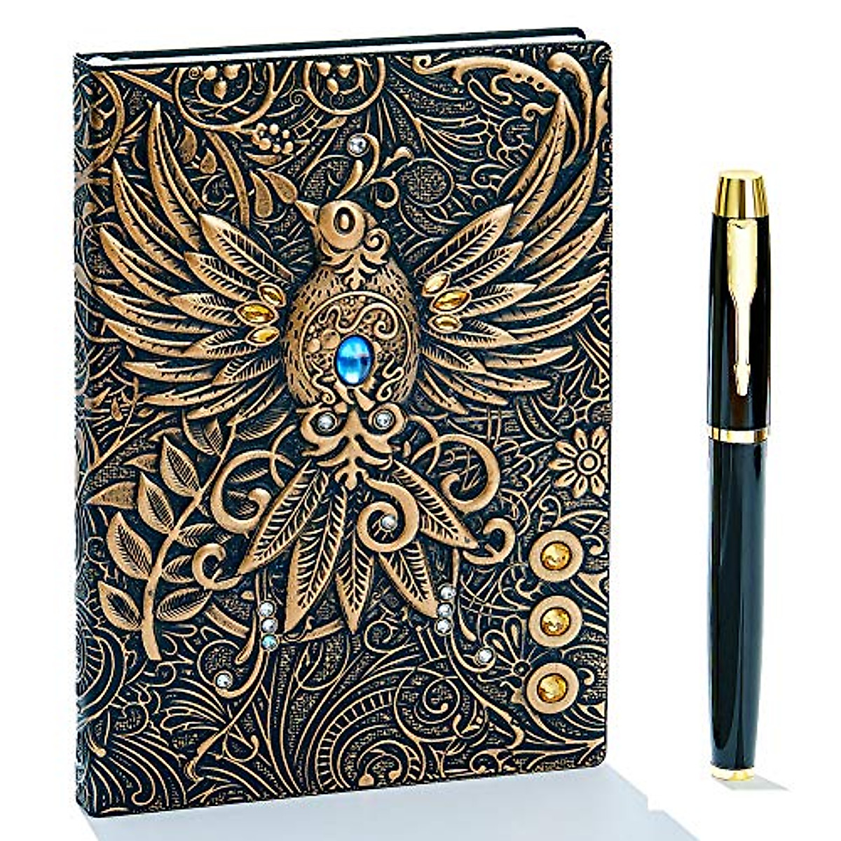 Embossed Leather Journal Writing Notebook - Antique Handmade Leather Daily Notepad Sketchbook, Travel Diary & Notebooks to Write in, Phoenix Gift For Men & Women, with Golden Classic Pen, (Bronze)